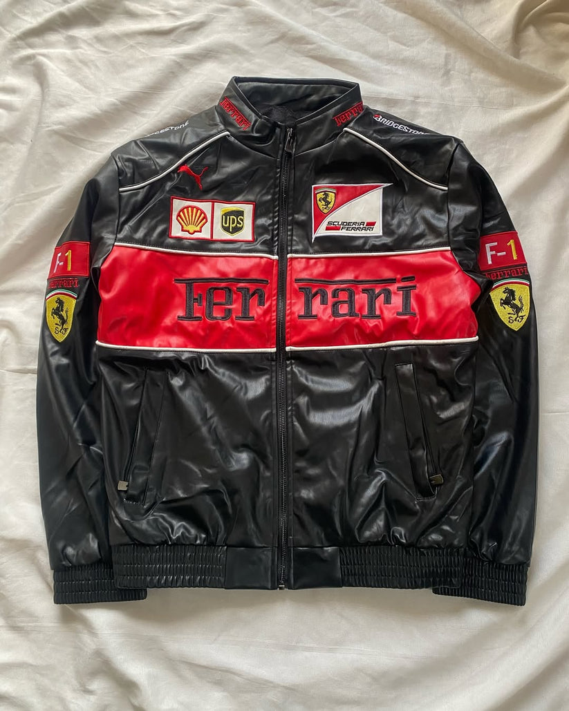 Black Ferrari Leather Jacket – Motorsport Edge Meets Streetwear Swag ...